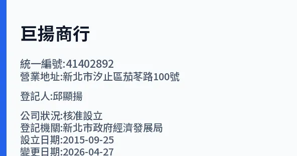巨揚商行的照片-統編 41402892(新北市) 公司登記資料與營業項目詳細圖表