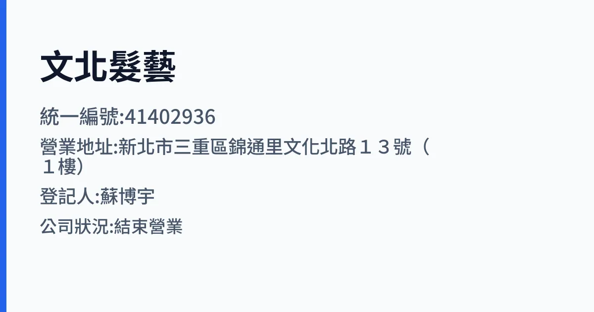 文北髮藝 - 統編 41402936（新北市） 公司登記資料與營業項目詳細圖表