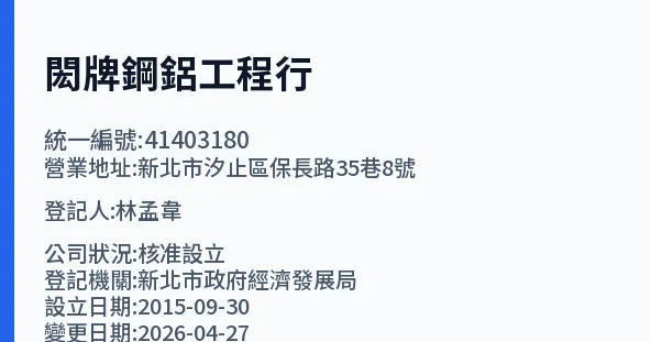 閎牌鋼鋁工程行的照片-統編 41403180(新北市) 公司登記資料與營業項目詳細圖表