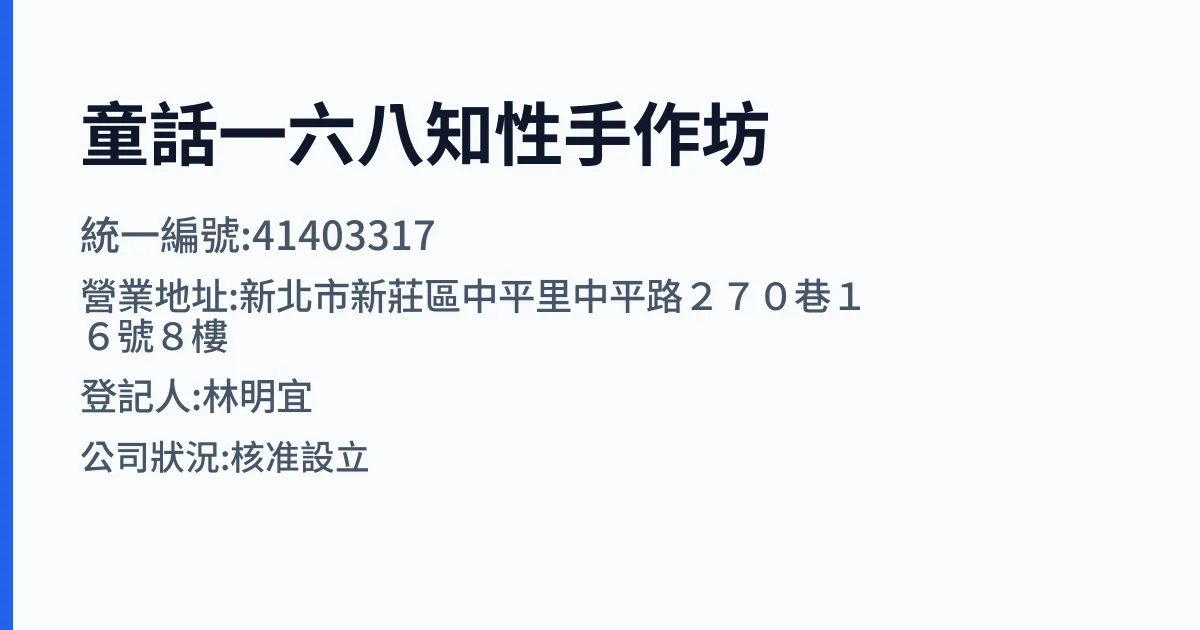 童話一六八知性手作坊 - 統編 41403317(新北市) 公司登記資料與營業項目詳細圖表