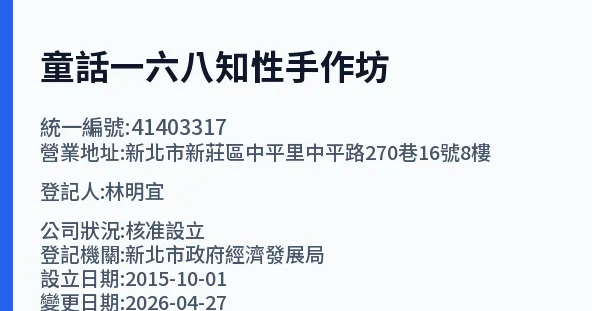 童話一六八知性手作坊的照片-統編 41403317(新北市) 公司登記資料與營業項目詳細圖表
