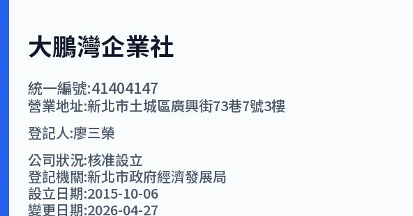大鵬灣企業社的照片-統編 41404147(新北市) 公司登記資料與營業項目詳細圖表