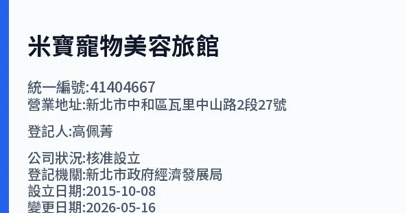 米寶寵物美容旅館的照片-統編 41404667(新北市) 公司登記資料與營業項目詳細圖表