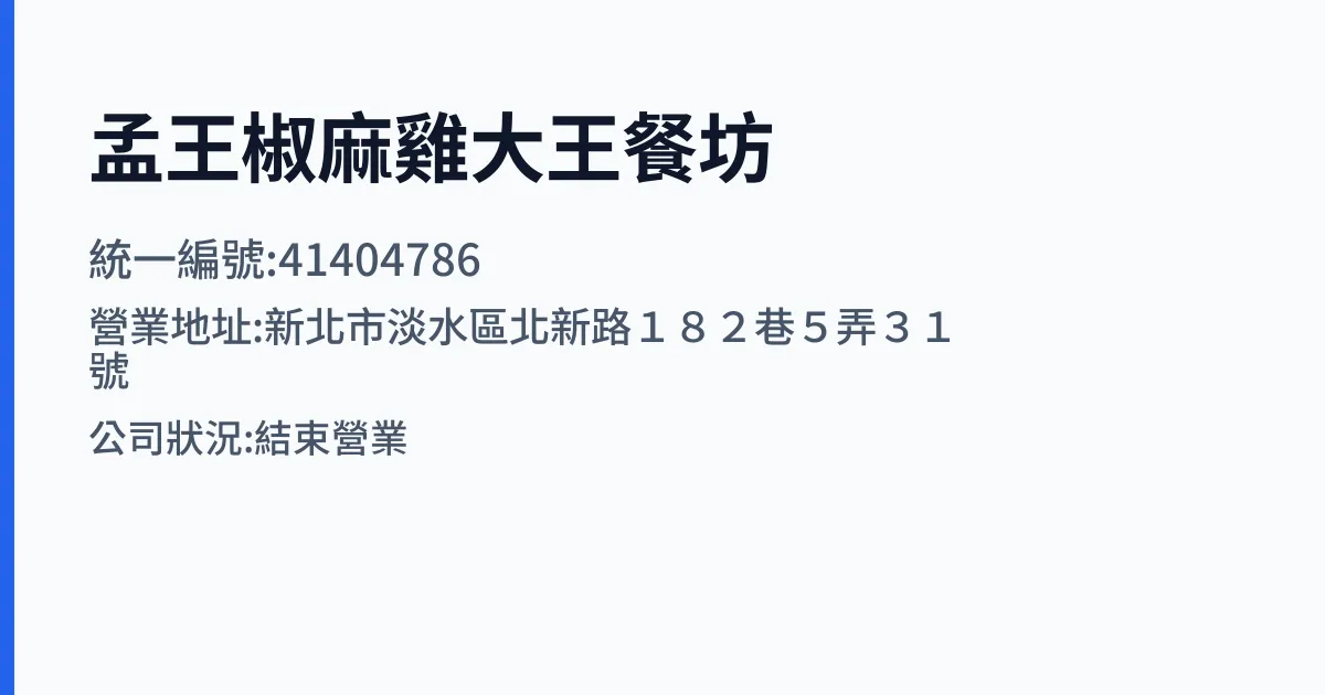 孟王椒麻雞大王餐坊 - 統編 41404786(新北市) 公司登記資料與營業項目詳細圖表