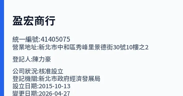 盈宏商行的照片-統編 41405075(新北市) 公司登記資料與營業項目詳細圖表