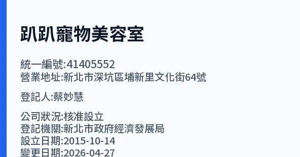 趴趴寵物美容室的照片-統編 41405552(新北市) 公司登記資料與營業項目詳細圖表