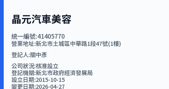 晶元汽車美容的照片-統編 41405770(新北市) 公司登記資料與營業項目詳細圖表