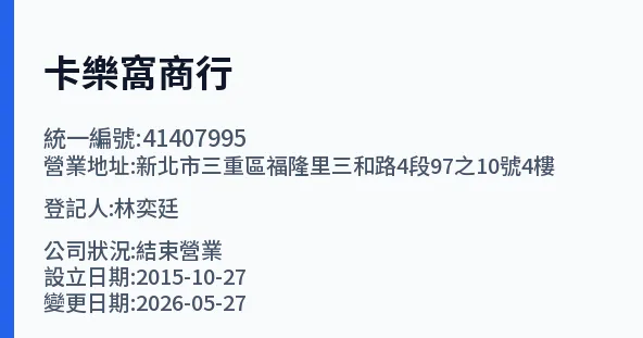 卡樂窩商行的照片-統編 41407995(新北市) 公司登記資料與營業項目詳細圖表