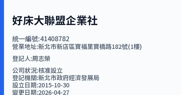 好床大聯盟企業社的照片-統編 41408782(新北市) 公司登記資料與營業項目詳細圖表