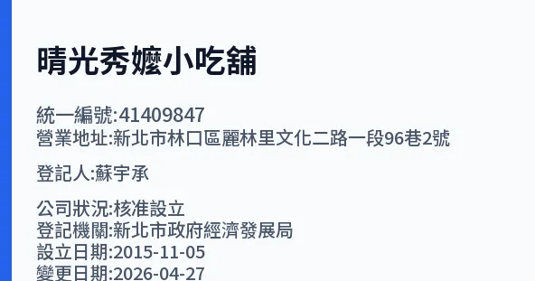 晴光秀嬤小吃舖的照片-統編 41409847(新北市) 公司登記資料與營業項目詳細圖表