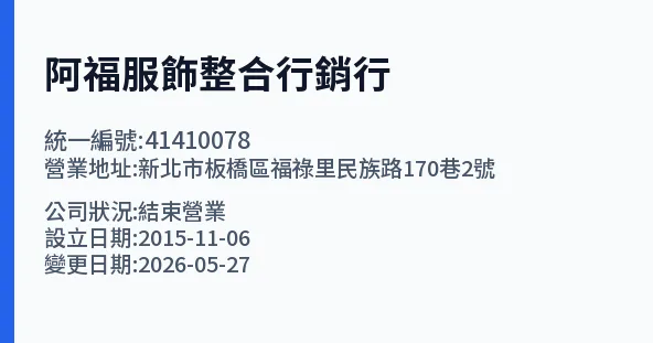 阿福服飾整合行銷行的照片-統編 41410078(新北市) 公司登記資料與營業項目詳細圖表