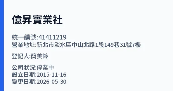 億昇實業社的照片-統編 41411219(新北市) 公司登記資料與營業項目詳細圖表