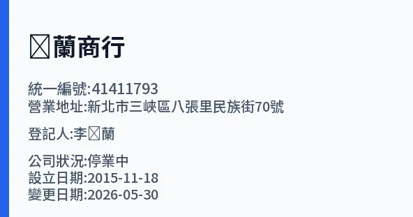 繍蘭商行的照片-統編 41411793(新北市) 公司登記資料與營業項目詳細圖表