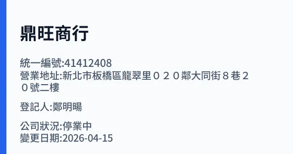 鼎旺商行的照片-統編 41412408(新北市) 公司登記資料與營業項目詳細圖表
