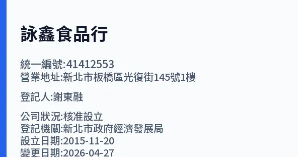詠鑫食品行的照片-統編 41412553(新北市) 公司登記資料與營業項目詳細圖表