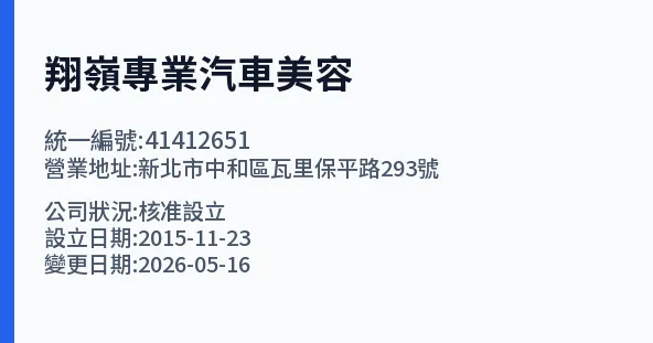 翔嶺專業汽車美容的照片-統編 41412651(新北市) 公司登記資料與營業項目詳細圖表