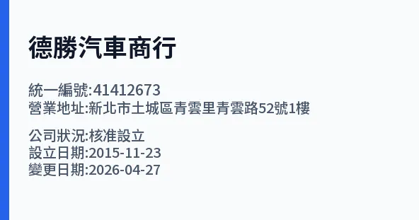 德勝汽車商行的照片-統編 41412673(新北市) 公司登記資料與營業項目詳細圖表