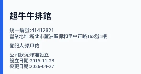 超牛牛排館的照片-統編 41412821(新北市) 公司登記資料與營業項目詳細圖表
