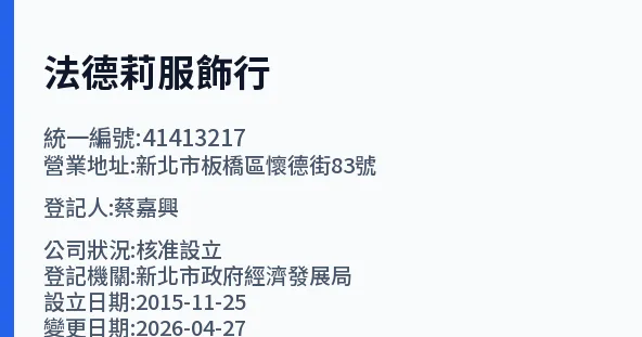 法德莉服飾行的照片-統編 41413217(新北市) 公司登記資料與營業項目詳細圖表