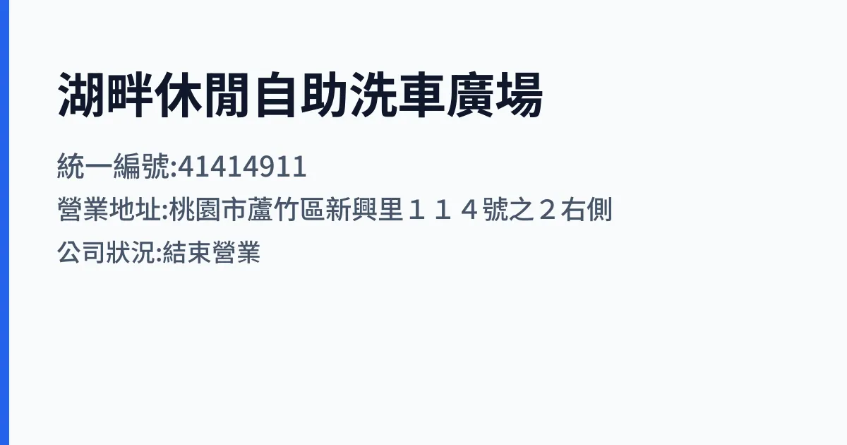 湖畔休閒自助洗車廣場 - 統編 41414911(桃園市) 公司登記資料與營業項目詳細圖表