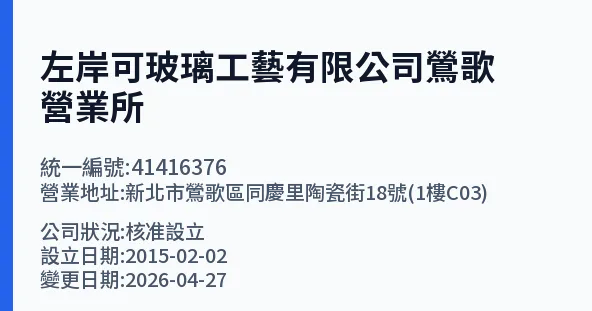 左岸可玻璃工藝有限公司鶯歌營業所的照片-統編 41416376(新北市) 公司登記資料與營業項目詳細圖表