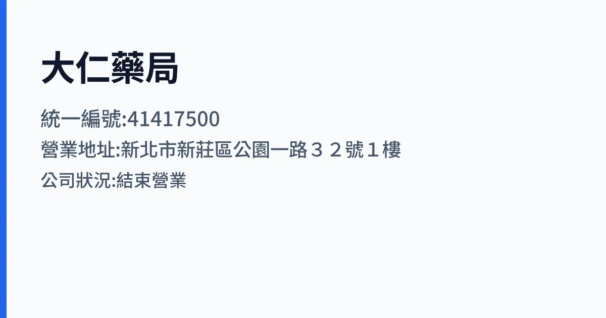 大仁藥局 - 統編 41417500(新北市) 公司登記資料與營業項目詳細圖表