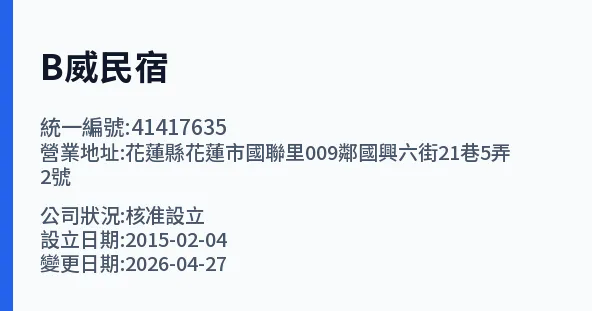 B威民宿的照片-統編 41417635(花蓮縣) 公司登記資料與營業項目詳細圖表