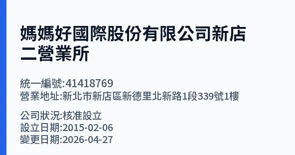 媽媽好國際股份有限公司新店二營業所的照片-統編 41418769(新北市) 公司登記資料與營業項目詳細圖表
