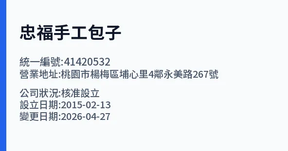 忠福手工包子的照片-統編 41420532(桃園市) 公司登記資料與營業項目詳細圖表