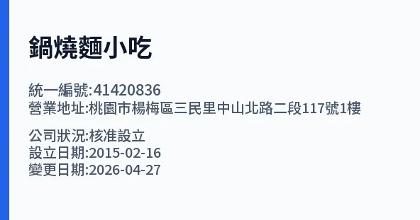 鍋燒麵小吃的照片-統編 41420836(桃園市) 公司登記資料與營業項目詳細圖表