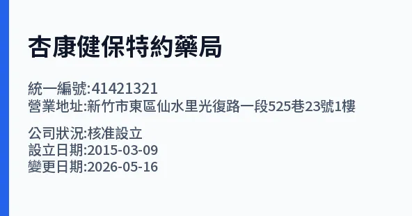 杏康健保特約藥局的照片-統編 41421321(新竹市) 公司登記資料與營業項目詳細圖表