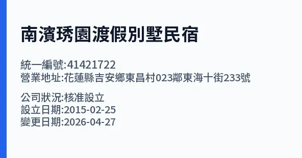 南濱琇園渡假別墅民宿的照片-統編 41421722(花蓮縣) 公司登記資料與營業項目詳細圖表