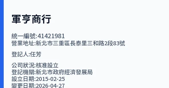 軍亨商行的照片-統編 41421981(新北市) 公司登記資料與營業項目詳細圖表