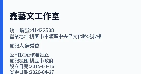 鑫藝文工作室的照片-統編 41422588(桃園市) 公司登記資料與營業項目詳細圖表