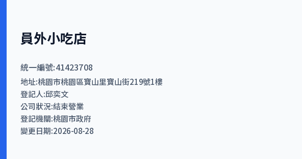 員外小吃店的照片-統編 41423708(桃園市) 公司登記資料與營業項目詳細圖表
