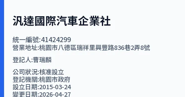 汎達國際汽車企業社的照片-統編 41424299(桃園市) 公司登記資料與營業項目詳細圖表