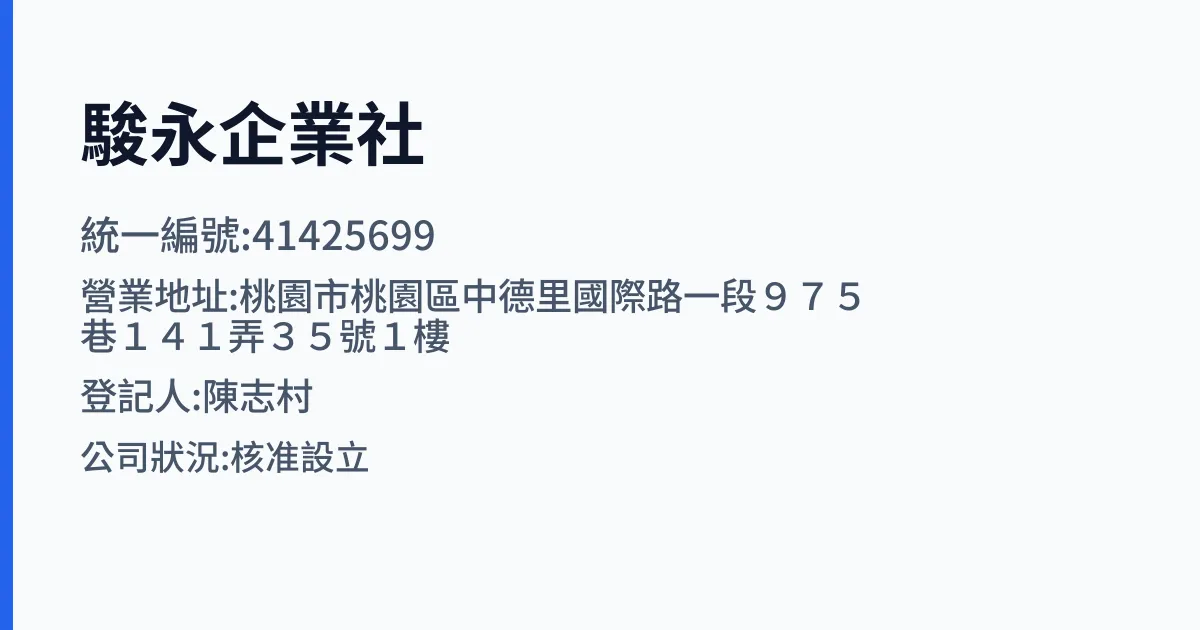 駿永企業社 - 統編 41425699(桃園市) 公司登記資料與營業項目詳細圖表