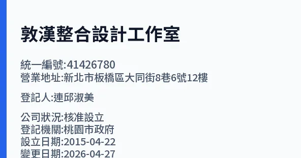 敦漢整合設計工作室的照片-統編 41426780(新北市) 公司登記資料與營業項目詳細圖表