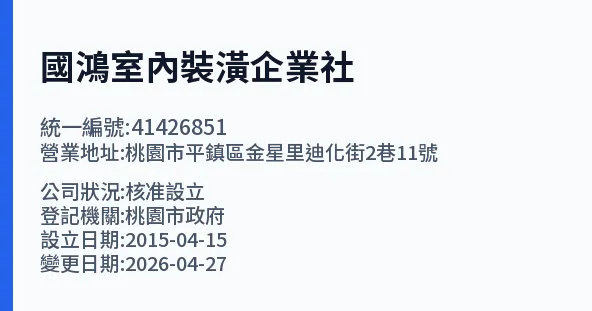 國鴻室內裝潢企業社的照片-統編 41426851(桃園市) 公司登記資料與營業項目詳細圖表
