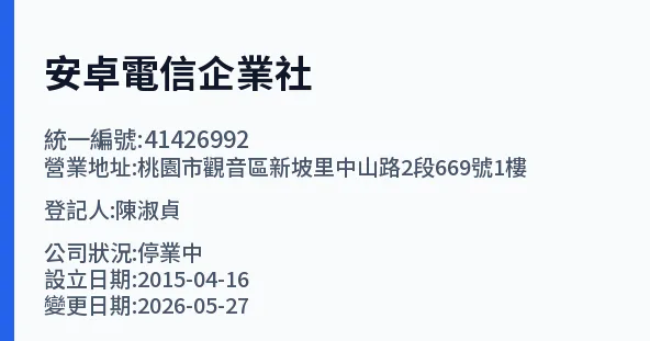 安卓電信企業社的照片-統編 41426992(桃園市) 公司登記資料與營業項目詳細圖表