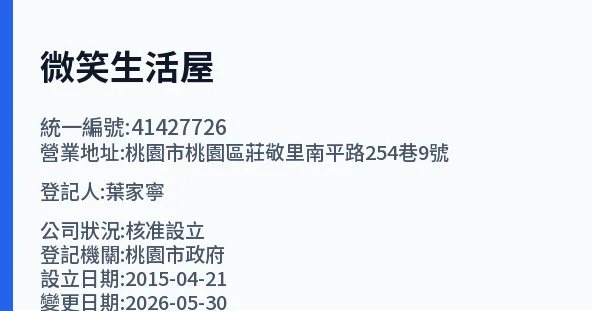 微笑生活屋的照片-統編 41427726(桃園市) 公司登記資料與營業項目詳細圖表