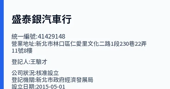 盛泰銀汽車行的照片-統編 41429148(新北市) 公司登記資料與營業項目詳細圖表