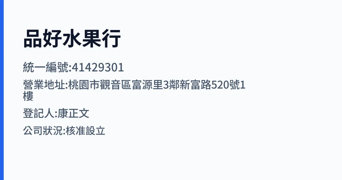 品好水果行 - 統編 41429301(桃園市) 公司登記資料與營業項目詳細圖表