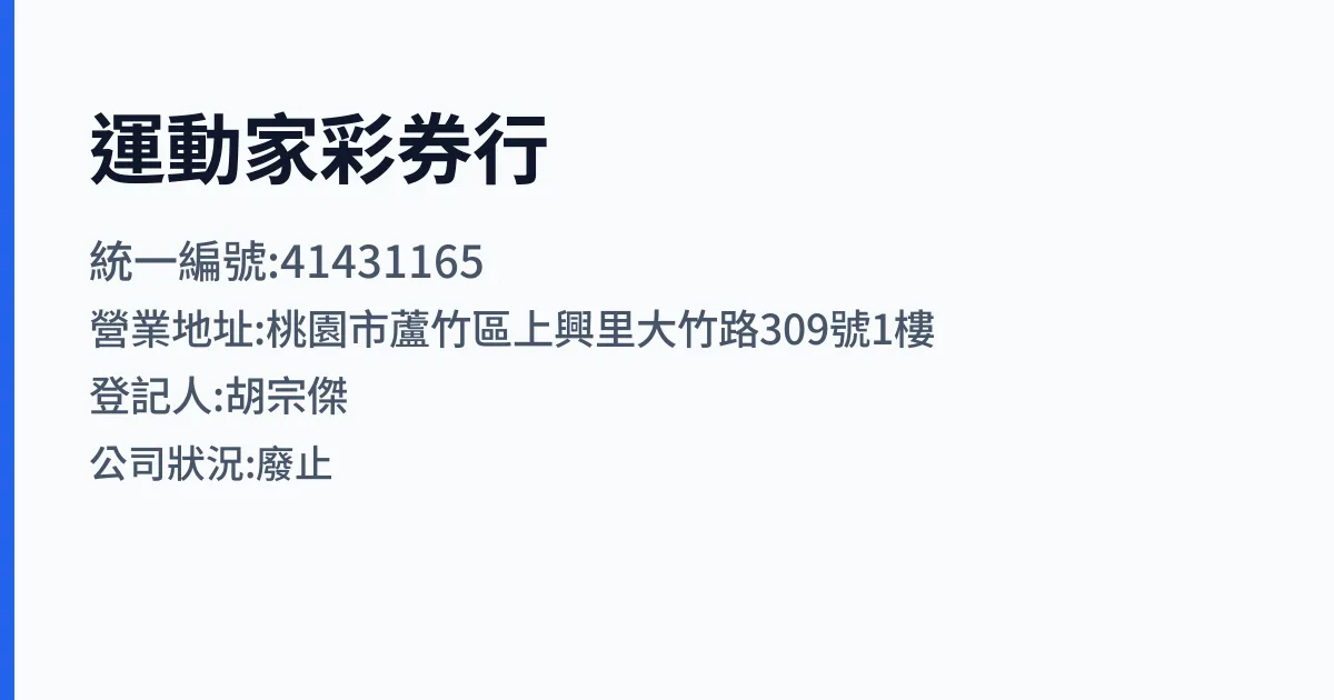 運動家彩券行 - 統編 41431165(桃園市) 公司登記資料與營業項目詳細圖表