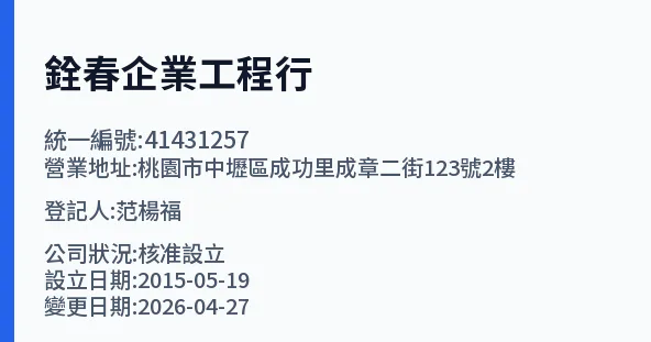 銓春企業工程行的照片-統編 41431257(桃園市) 公司登記資料與營業項目詳細圖表