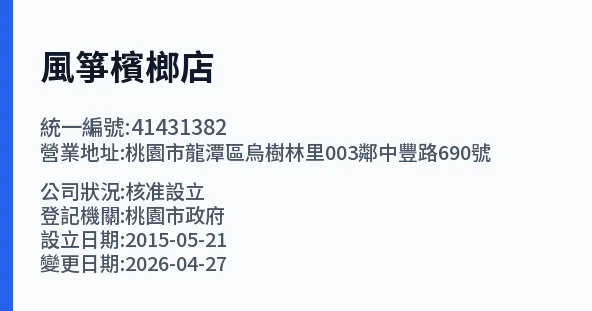 風箏檳榔店的照片-統編 41431382(桃園市) 公司登記資料與營業項目詳細圖表