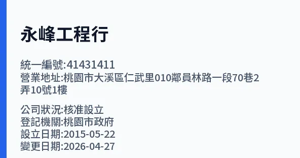 永峰工程行的照片-統編 41431411(桃園市) 公司登記資料與營業項目詳細圖表