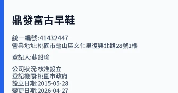 鼎發富古早鞋的照片-統編 41432447(桃園市) 公司登記資料與營業項目詳細圖表