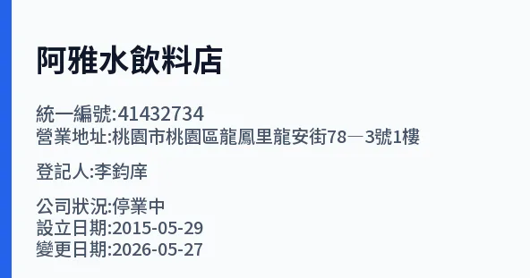 阿雅水飲料店的照片-統編 41432734(桃園市) 公司登記資料與營業項目詳細圖表