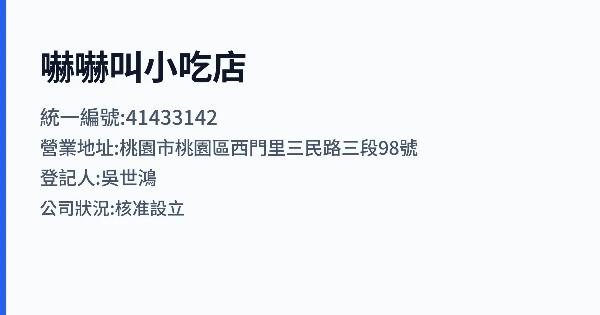 嚇嚇叫小吃店 - 統編 41433142(桃園市) 公司登記資料與營業項目詳細圖表